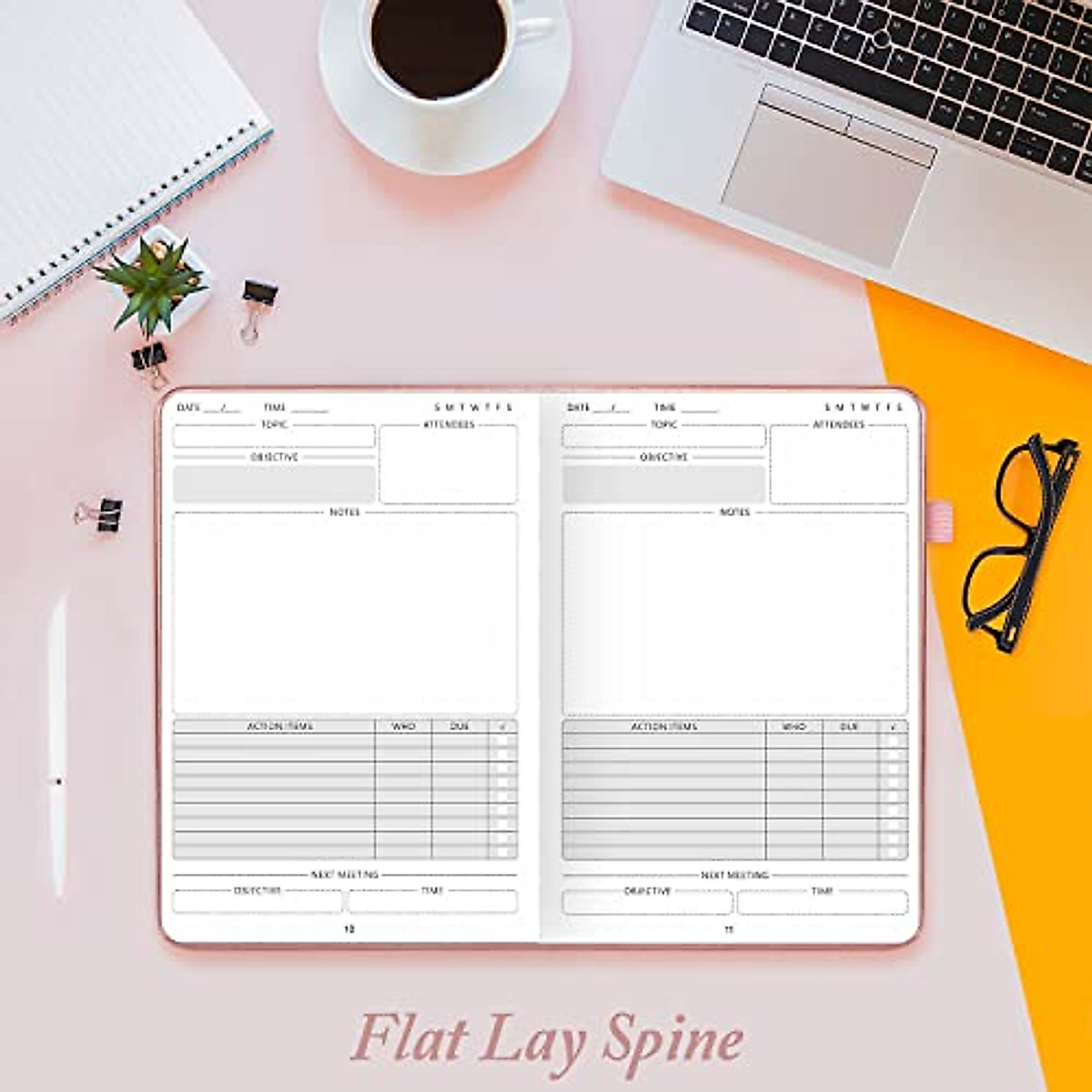 Elegant Meeting Notebook for Work with Action Items, Premium Leatherette Hardcover Meeting Planner with Numbered Pages, 7 x 10" Project Planner Notebook for Office Business Meeting Notes Agenda Organizer for Men & Women, 168 Pages (Rose Gold)