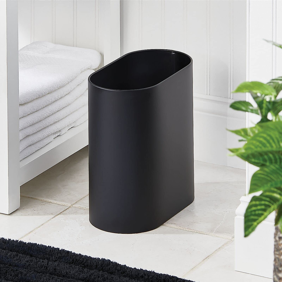 mDesign Slim Pill-Shaped Metal 1.98 Gallon/7 Liter Recycle Trash Can Wastebasket, Garbage Container Bin for Bathrooms, Kitchen, Bedroom, Office - Durable Stainless Steel, Mirri Collection, Black