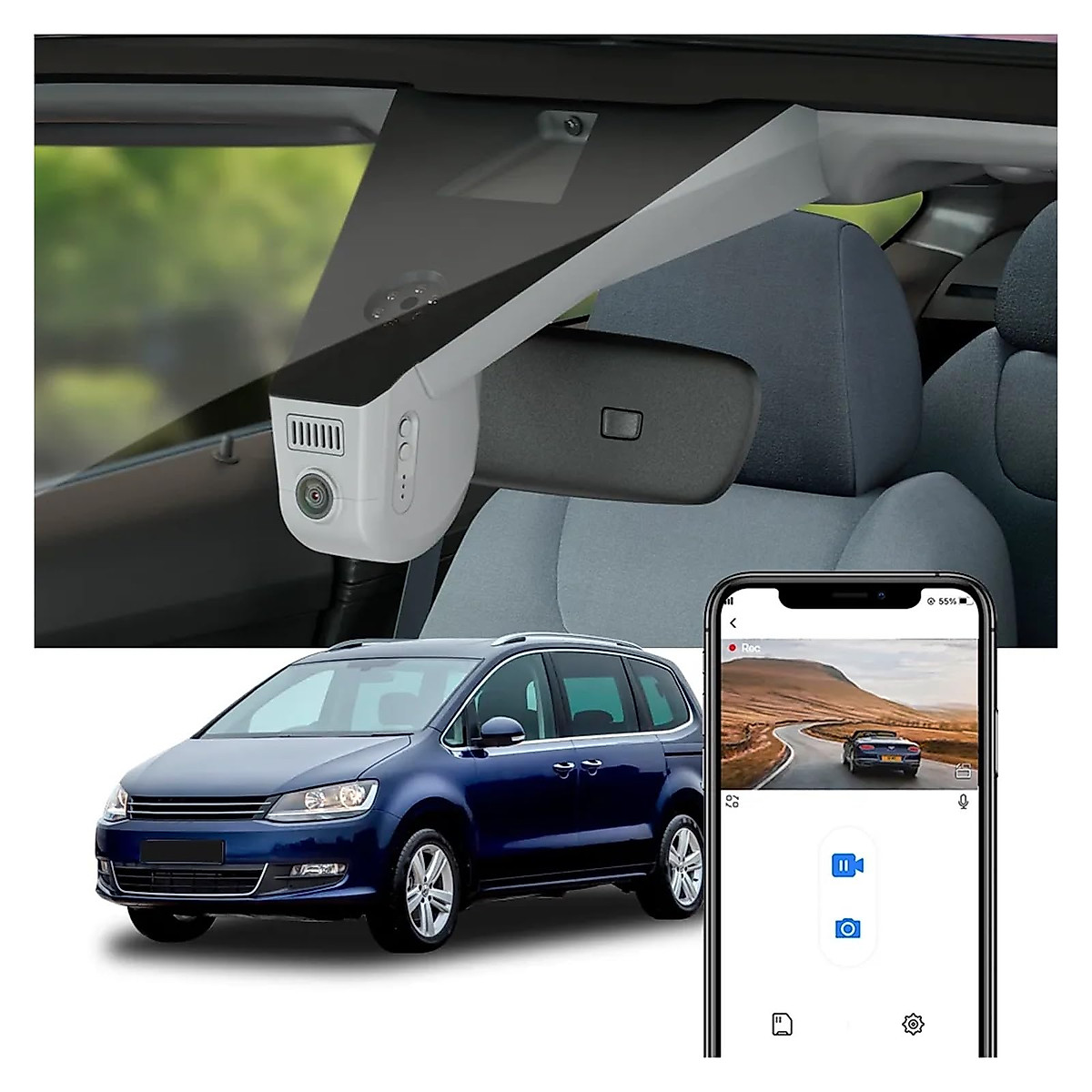 Fitcamx Car Camera Dash Cam 4K Auto DVR,Dash cam Compatible with VW Sharan 7N 2016 2017 2018 2019 2020 2021 (Color : Black, Size : 2K Dual Cam 64GB)