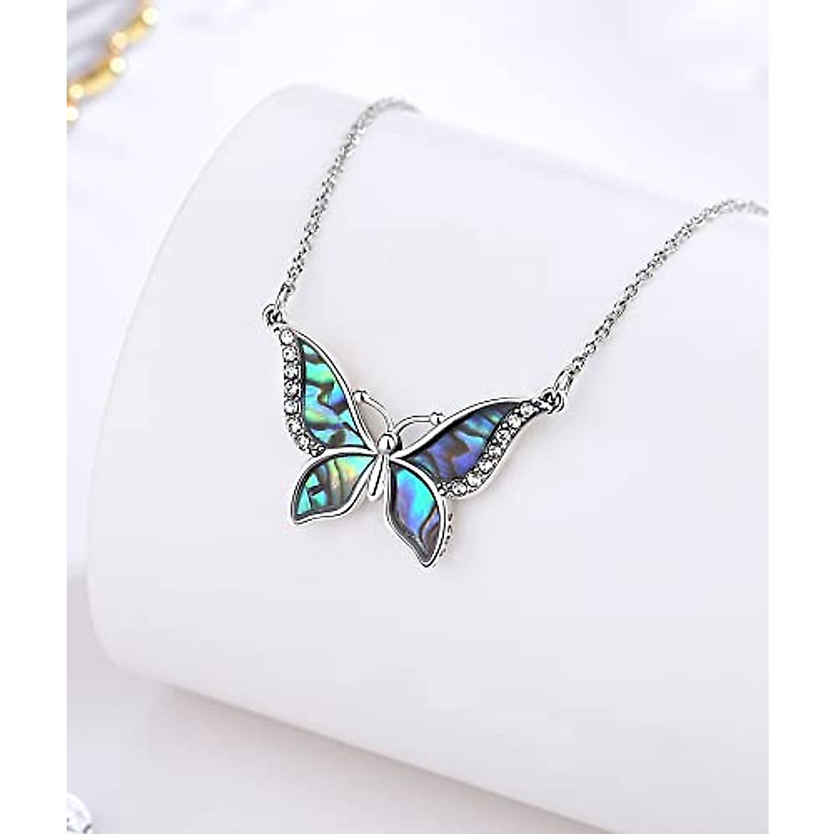 INFUSEU Small Butterfly Necklace Womens Abalone Pendant Jewelry 925 Sterling Silver