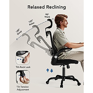 HUANUO Ergonomic Mesh Office Chair, High Back Desk Chair with Adjustable Lumbar Support & Headrest, Flip-Up Armrests, and Adjustable Height, Home Computer Chair with Tilt Lock Function