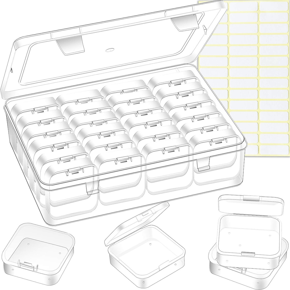 ZOQINI Bead Organizer Box, 28Pcs Small Clear Plastic Storage Containers, 1 Large Craft Organizer Box, 1 Sheet Label, Mini Parts Storage Solution for Beading Jewelry Making Diamond Arts Screws Seeds