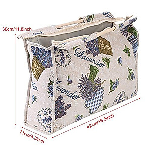 1 Piece Knitting Bag, Exquisite Practical Woven Fabric Storage Bag with Wood Handle for Yarn Knitting Needles Sewing Tools(Blue Flower)