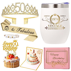 SIPBYSOP 50th Birthday Gifts For Her,50th Birthday Decorations for Women,12oz Vintage 1974 Stemless Wine Tumblers for Women，50th Birthday Decorations Women Crown, Sash, Cake Topper And Candles