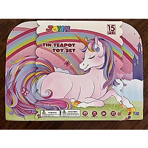 JOYIN Unicorn Tea Set for Toddlers Tea Party Set for Children Kids Pretend Role Play Tin Teapot Set with Cups, Plates and Carrying Case Kitchen Toy for Little Girls Birthday Gifts Age 3 4 5 6