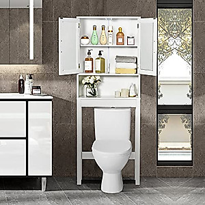 WATERJOY Over The Toilet Storage Cabinet, Bathroom Cabinet Organizer with 2 Moru Tempered Glass Door, Space-Saving Toilet Shelf, White