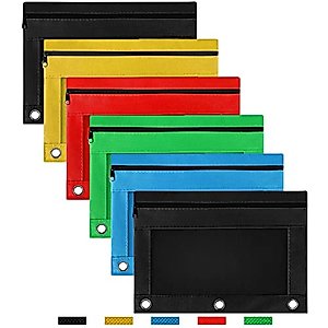 Pencil Pouch for 3 Ring Binder, Bulk 6 Pack Binder Pencil Pouch with Zipper, 3 Ring Pencil Pouch with Clear Window, Durable Cloth 3 Holes Zippered Pencil Pouch for Office School College Supplies