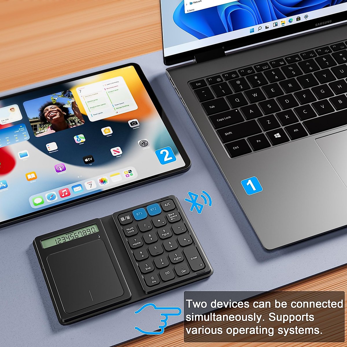 Bluetooth Number Pad, Foldable 2.4G Wireless Numeric Keypad with Display Calculator & Touchpad, Wireless Number Pad Slim 23 Keys Portable Financial Accounting Numpad Keyboard for PC Laptop Desktop