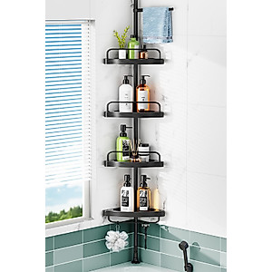 HAMITOR Corner Shower Caddy Tension Pole: 4 Tier Shampoo Storage Organizer for Inside Shower - Telescoping Rod Shower Rack for Bathroom and Bathtub - Restroom Floor Standing Bath Rack Holder Black