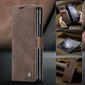 Kowauri for Samsung Galaxy Z Fold 5 Case,Classic Design Leather Wallet Magnetic Closure Flip Case with Kickstand Card Holder Slot Shockproof Protective Cover for Samsung Galaxy Z Fold 5 5G, Coffee