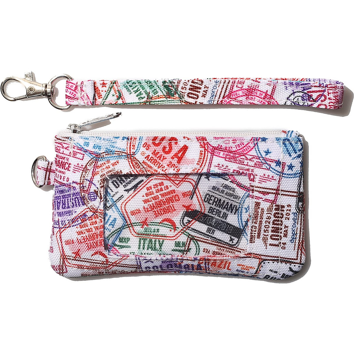 DQL Cute travel wallet, small, light and compact Visa print id holder wallet id wallet keychain id card wallet, zip id case with lanyard, Small Zipper Wallets for Women