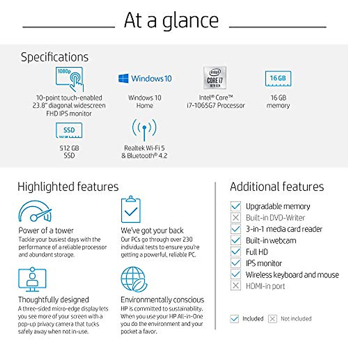 HP 24-inch All-in-One Touchscreen Desktop Computer, Intel Core i7-1065G7 Processor, 16 GB RAM, 512 GB SSD, Windows 10 Home (24-dp0180, Silver)