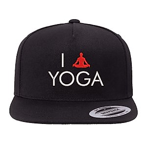 I Love Yoga Custom Embroidered Yupoong Flat Bill Snapback Hat Black