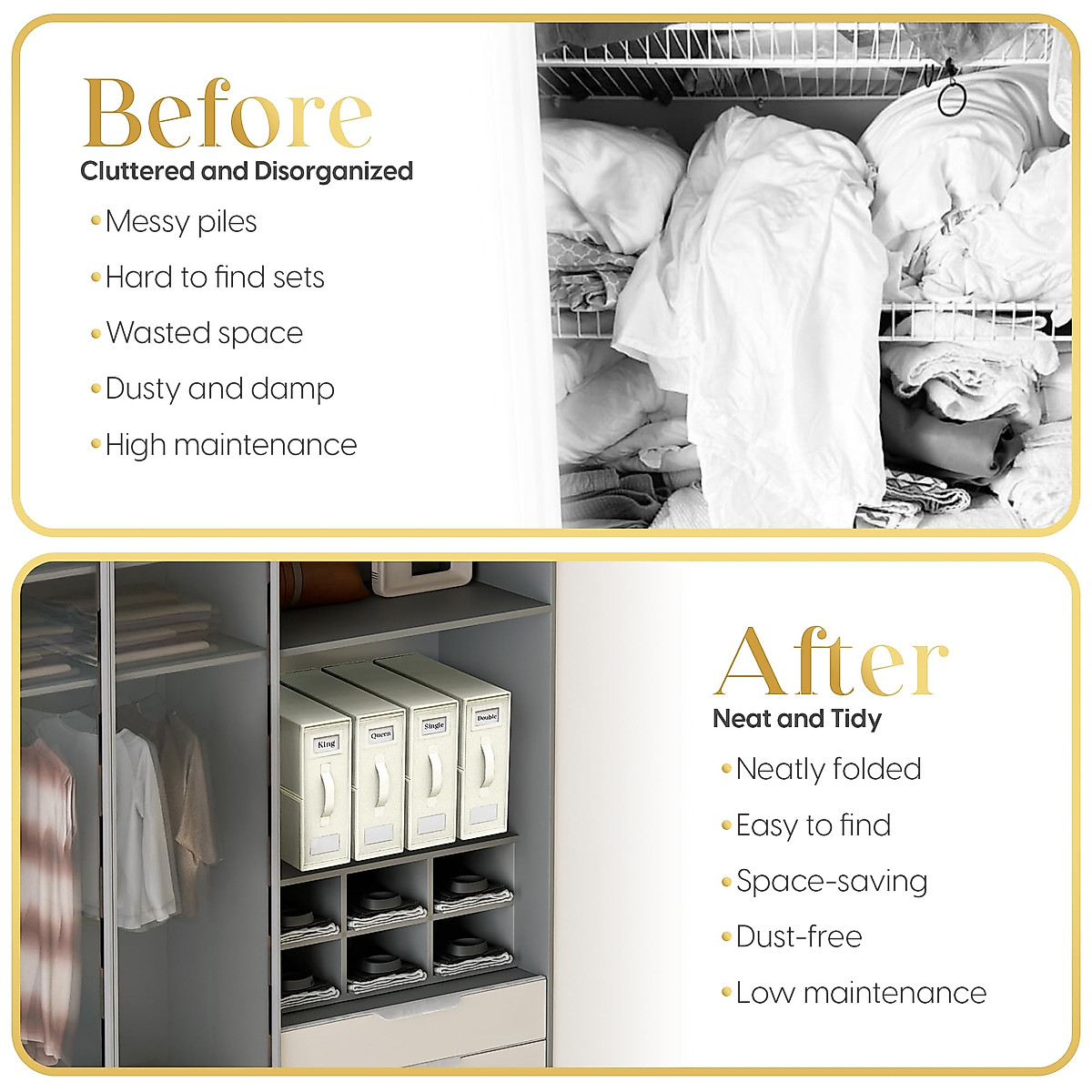 Luxury Lineup Bed Sheet Organizer 4 Pack, Foldable Linen Closet Organizers and Storage, Sheet Organizer Queen & King Size, Bedding Storage Box for Bedsheets, Duvet Covers and Pillow