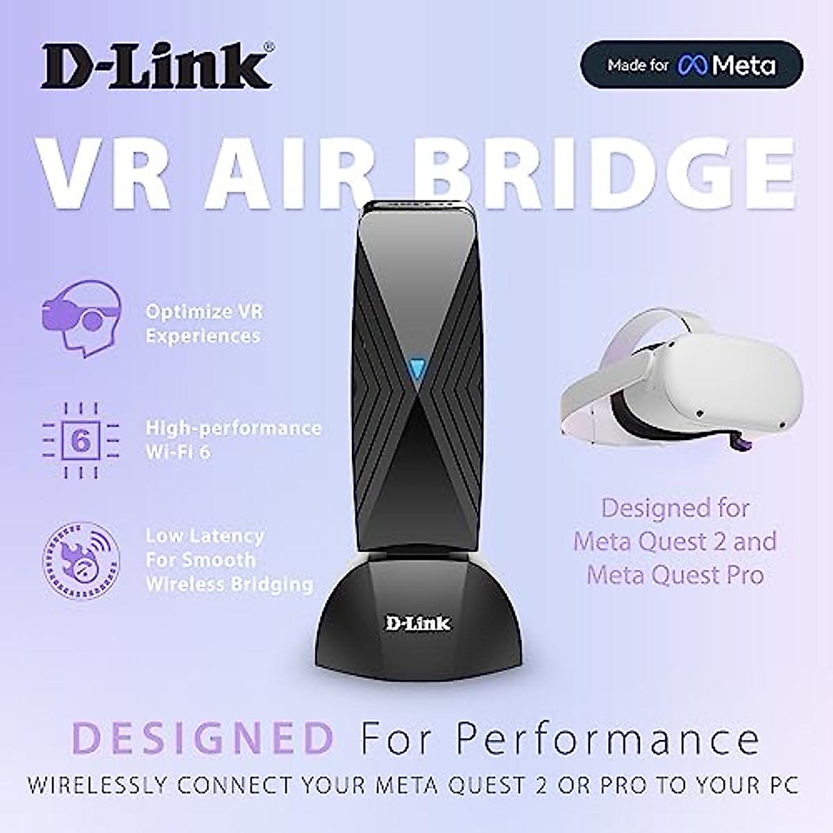 D-Link VR Air Bridge for Meta Quest 2/3/Pro - Dedicated WiFi 6 Connection Between Quest VR Headset and Gaming PC - Wire-Free/LAG-Free PCVR Gameplay - Official Made for Meta Accessory (DWA-F18)