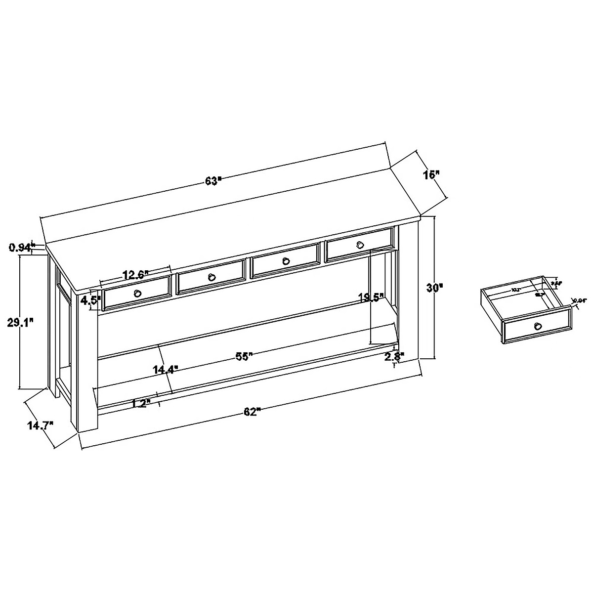 INMOZATA Farmhouse Console Table, 63" Sofa Entryway Table with 4 Drawers and 1 Bottom Shelf for Living Room Entry Way Hallway Furniture,Antique White+Brown