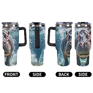 FHECVBN Black 40 Oz Insulated Tumbler with Handle Diving Hippo Printed Leakproof Water Bottle Coffee Mug Car Cup for Gym Outdoors Commute Work