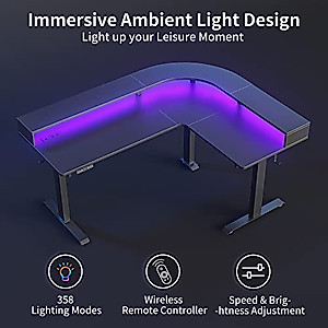 FEZIBO Triple Motor L Shaped Stadning Desk with LED Strip & Power Outrlets，63 inches Height Adjustable Stand up Corner Desk with Ergonomic Monitor Stand, Black Frame/Black Top