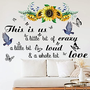 Sunflower Wall Stickers with 3D Butterfly, Family Inspirational Quote Wall Decals, Removable Garden Flowers Plant Wallpaper Decor, DIY Art Murals for Bedroom Nursery Kitchen Home Kids Living Room