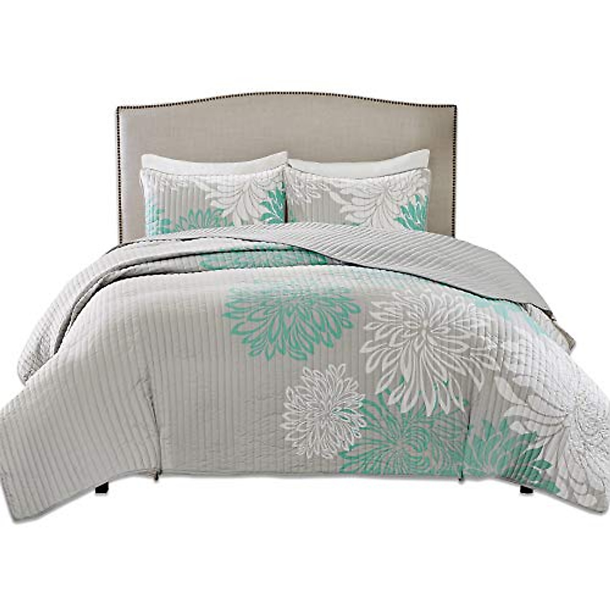 Comfort Spaces Enya Quilt Set - Casual Floral Print Channel Stitching Design, All Season, Lightweight Coverlet, Cozy Bedding, Matching Shams, Decorative Pillows, Full/Queen(90"x90"), Aqua 3 Piece