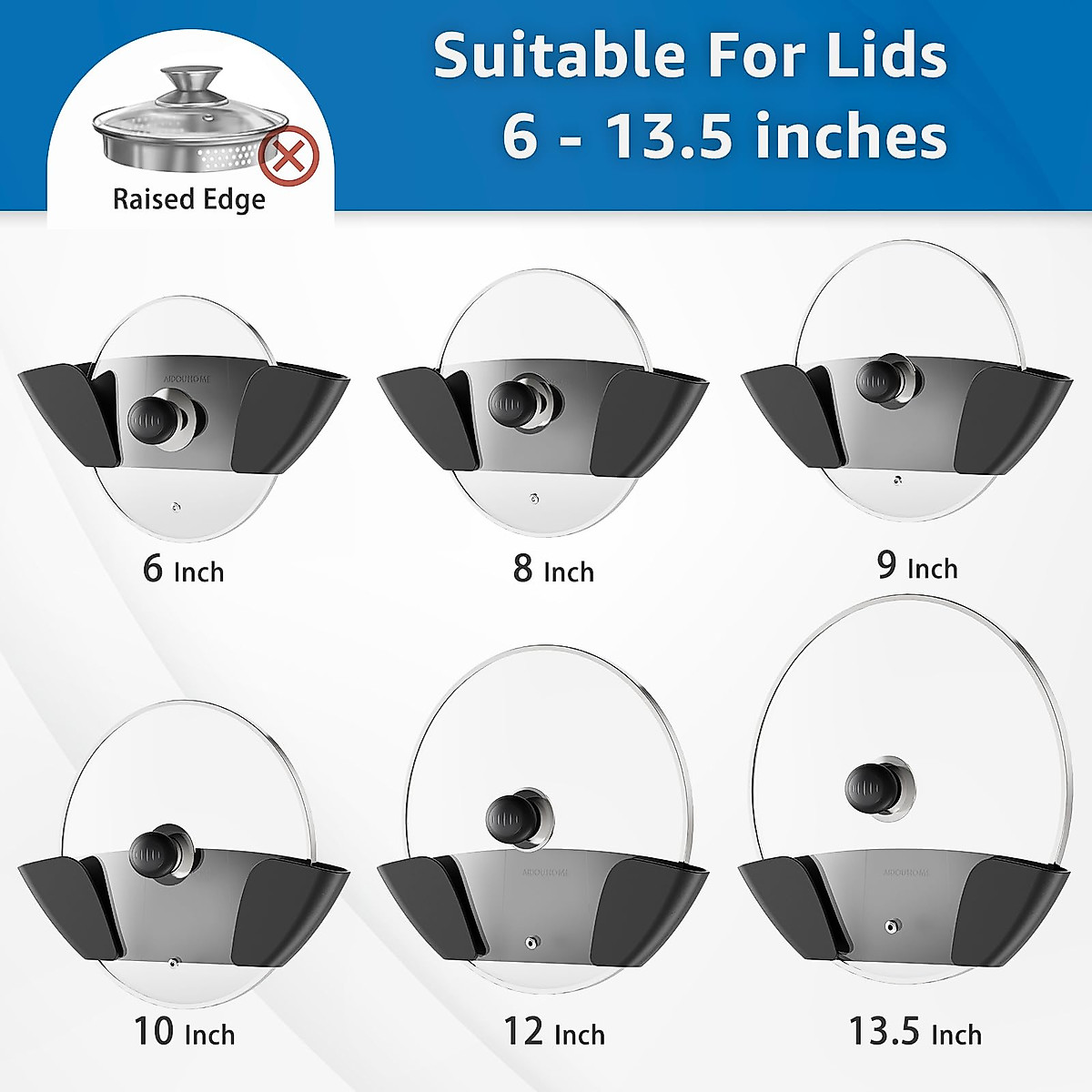 AIDOUHOME Pot Lid Organizer, Pot Lid Holder Self Adhesive Pan Lid Holder, Suitable for Cabinet Door Wall Mount Deep Drawer, Perfect Lid Rack for Kitchen, Fits 6" to 13" - 2 Packs (Gray)