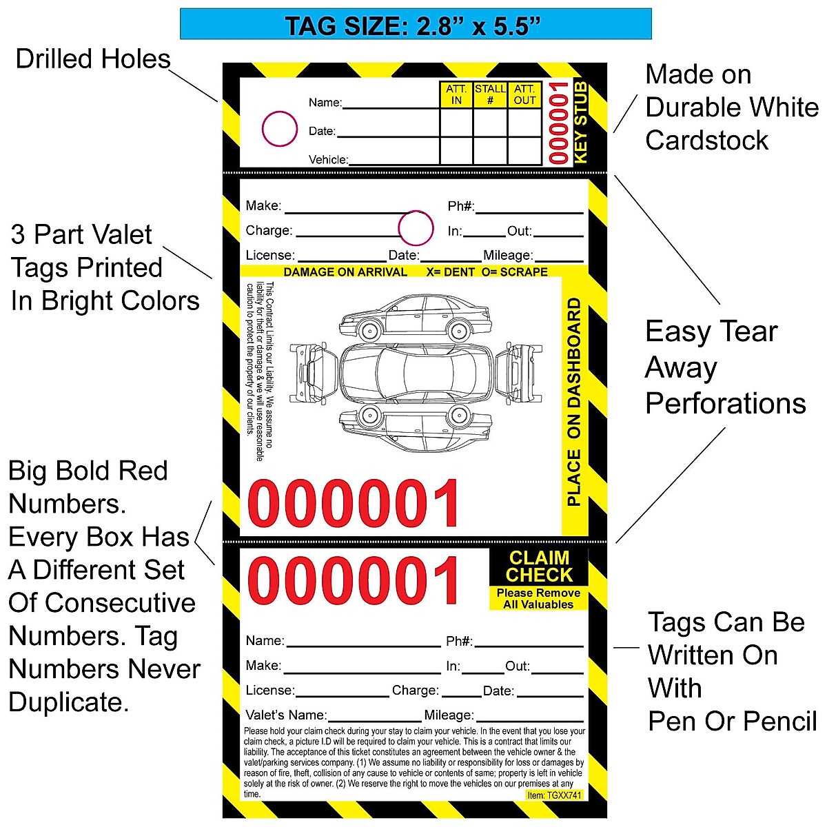 100 Valet Parking Tickets for Cars. 3 Part Vehicle Claim Tag with Car Diagram. Printed in Black & Yellow with Red Numbers on Durable White Card Stock. Perforated Cardstock Key Tag. Parking Pass.