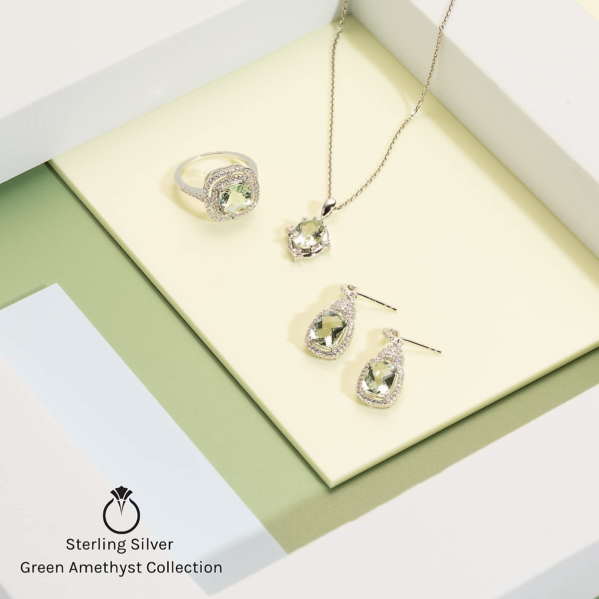 PEORA Green Amethyst Scroll Gallery Solitaire Ring for Women 925 Sterling Silver, Natural Gemstone Birthstone, 2.50 Carats Trillion Cut 8mm, Size 8