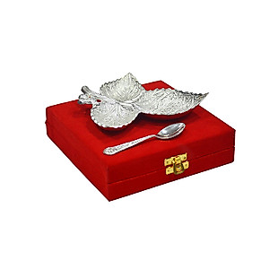 Indian Accent Silver Plated Brass Leaf Shaped Bowl 7” With Spoon Royal Design From