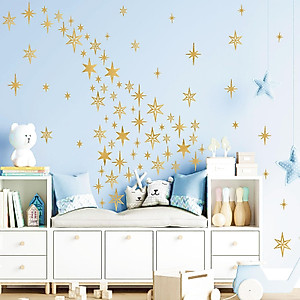 Gold Star Wall Decals Metallic Vinyl Star Wall Stickers Gold Sticker Wall Decor Sparkle Starburst Wall Decals Peel and Stick Retro Star Wall Stickers for Bedroom Living Room Decor