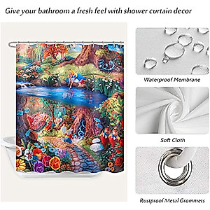 TERSUM Wonderland Shower Curtain Set, Alice Rabbit 4PCS Bathroom Sets with Shower Curtain and Bath Mat, Toilet Lid Cover and U Shaped Rugs,72"x72" Polyester Fabric Bathtub Curtain with Hooks, SETGXTE1
