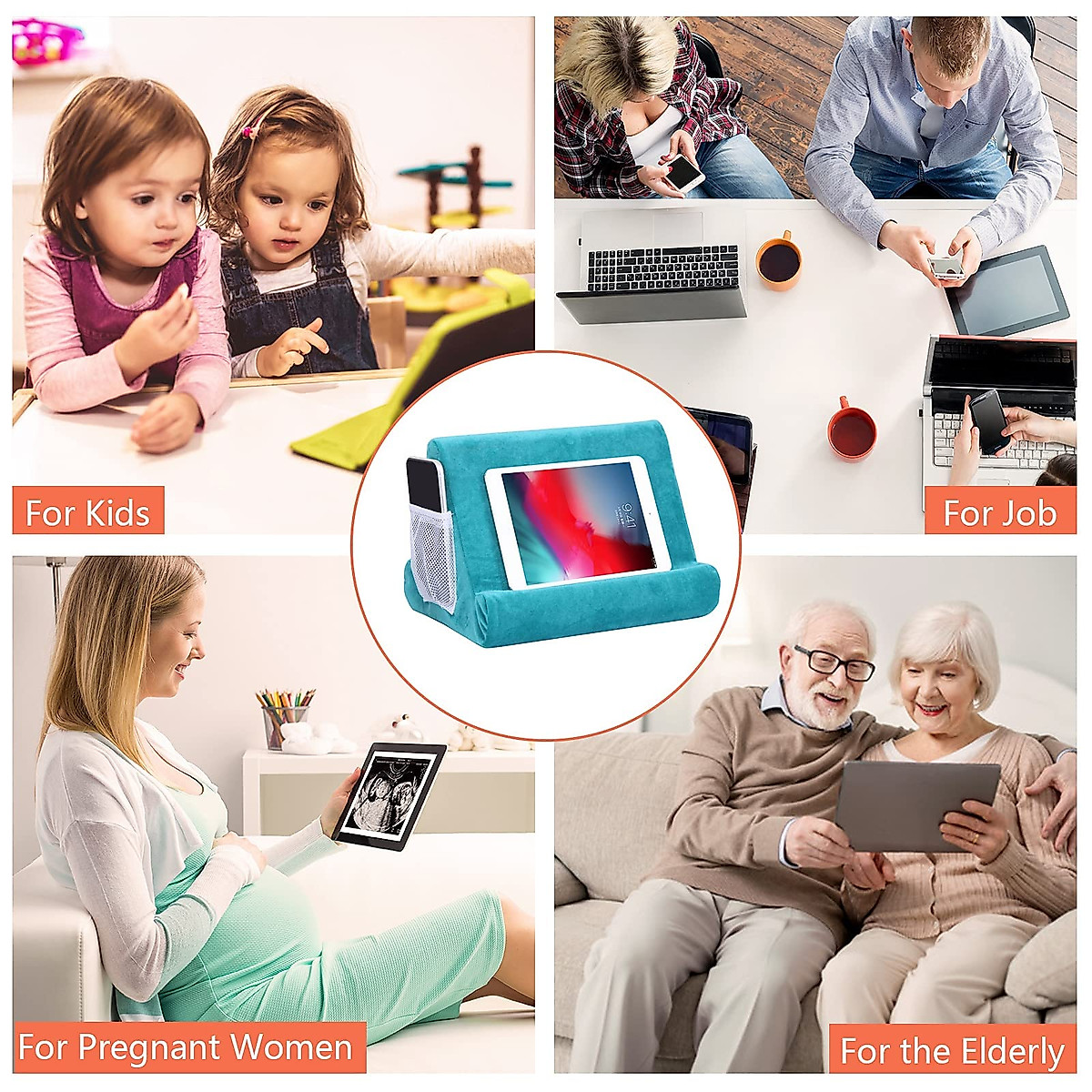 2pcs Multi-Angle Tablet Holder Cushion Stand with Net Pocket & Black Color Phone Stands Upgraded Tablet Pad Support for Phone,Pad,Books (Lakeblue)