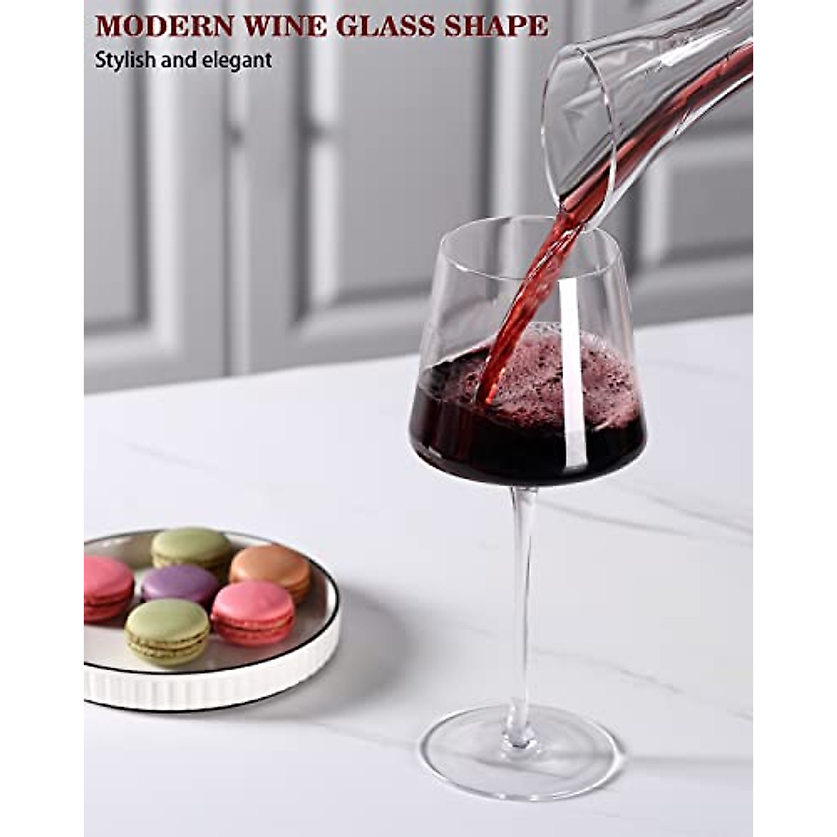 Wine Glasses Set of 6 – Hand Blown Crystal Wine Glasses – Tall Long Stem Red/White Wine Glasses – Unique square wine glasses with flat bottom For Cabernet, Pinot Noir, Burgundy –16oz Clear