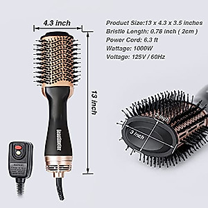 Beautimeter Hot Air Brush, Hair Dryer Brush & Volumizer, 3 in 1 Negative Ionic Hair Styler for Straightening, Curling, 1000W, Black & Gold