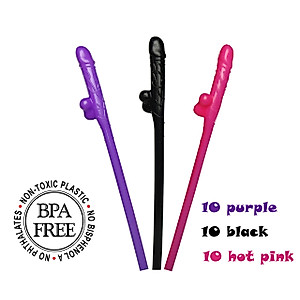 Bachelorette Party Penis Straws - Set of 30 pcs Pink, Black, Purple - Best Bride Shower Decoration