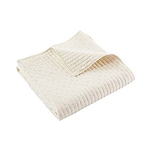 Levtex - Cross Stitch - Quilted Throw - 50x60in. - 100% Cotton - Reversible Pattern - Cream Quilted Throw with White Stitching