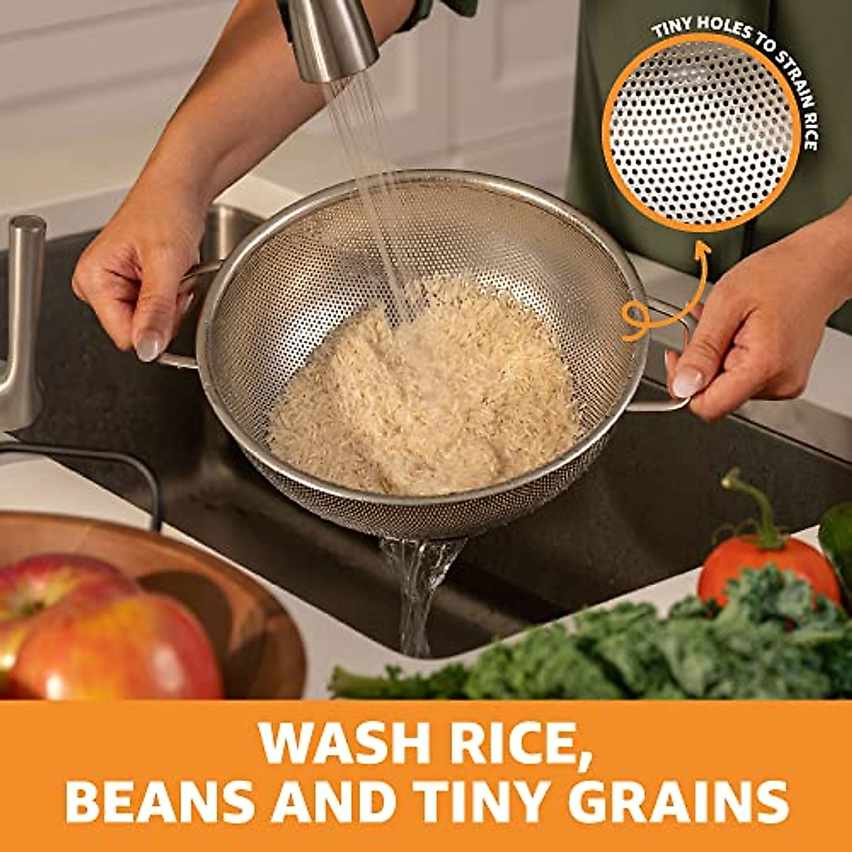 PriorityChef Colander, Stainless Steel Kitchen Strainer For Washing Rice, Pasta And Small Grains, 3 Quart