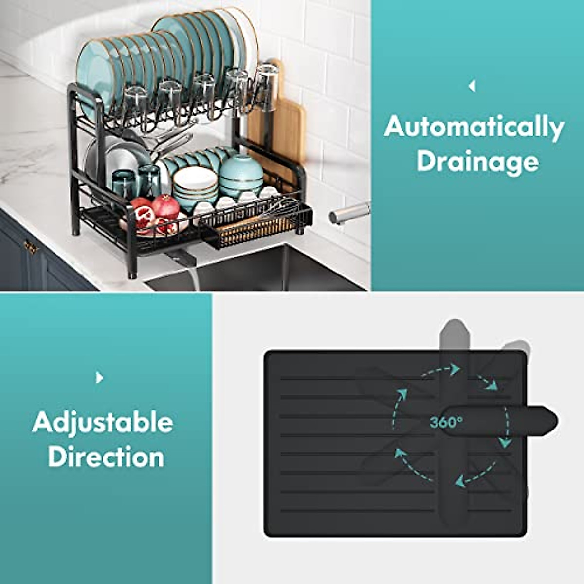 BOOSINY Dish Drying Rack and Drainboard Set for Kitchen Counter, 2 Tier Large Stainless Steel Sink Organizer Dish Racks with Cups Holder, Utensil Holder, Dish Strainer Shelf (Black)