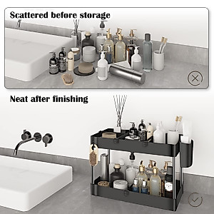 [ 2 Pack ] Under Sink Organizers and Storage, 2 Tier Bathroom Organizer Under Sink Shelf with 4 Removable Dividers , Kitchen Cabinet Storage Caddy Bath Counter Basket with Hooks Dividers Hanging Cups