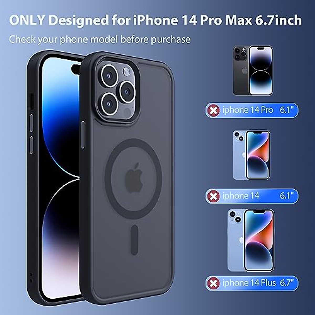 Yzoiko Magnetic Case for iPhone 14 pro max Case [10FT-Grade Drop Tested & Compatible with MagSafe] Translucent Anti-Fingerprint Anti Shockproof Protective Shell 6.7 Inch, Black