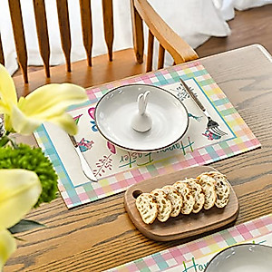 Artoid Mode Green Blue Pink Buffalo Plaid Bunny Happy Easter Placemats Set of 4, 12x18 Inch Seasonal Holiday Table Mats for Party Kitchen Dining Decoration