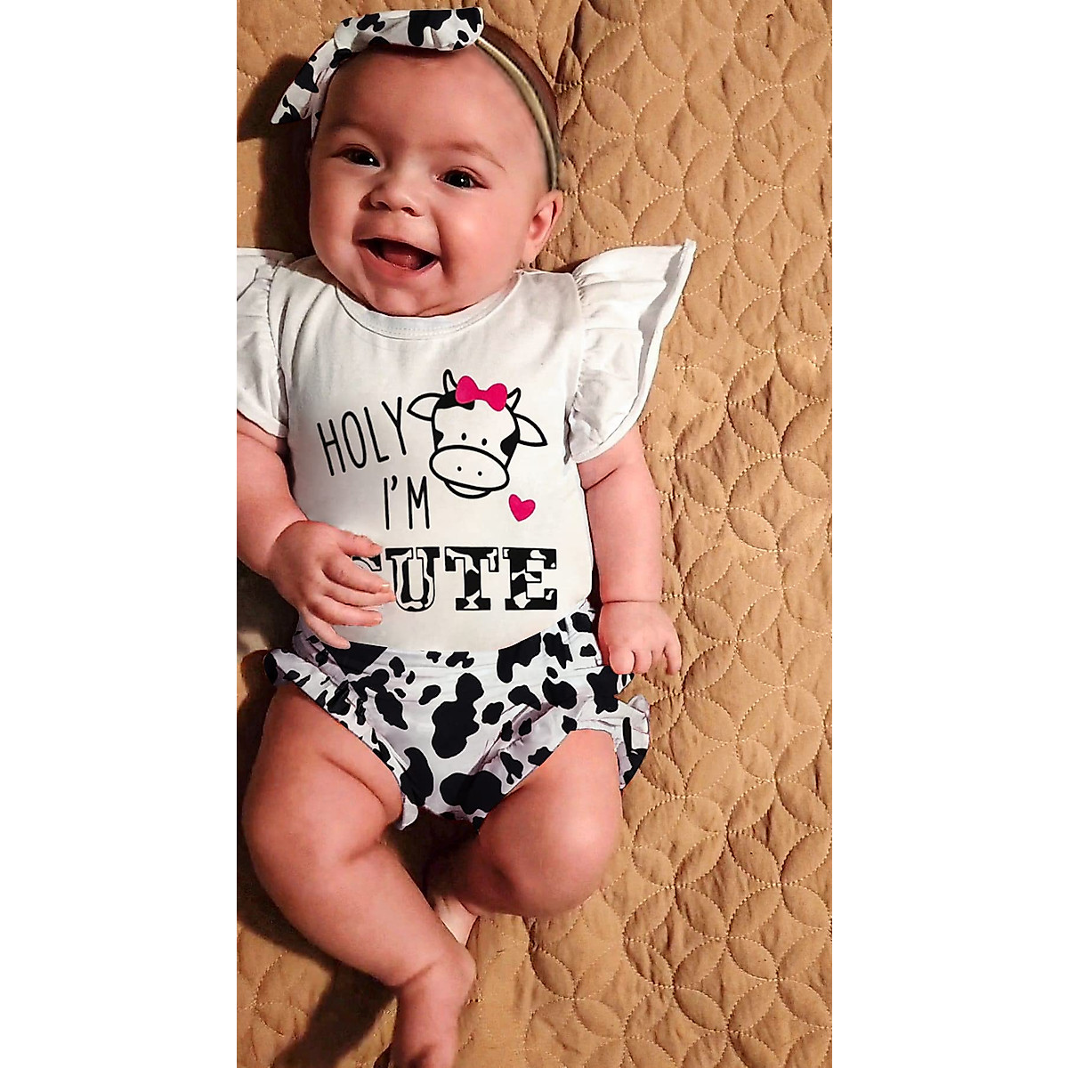 Viworld Newborn Baby Girls Clothes Ruffles Sleeve Romper Cows Printed Bottoms Diaper Shorts with Headband 3Pcs Outfits(White Cows,0-3M)