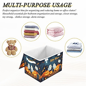 Storage Bins with Lids and Handles,Halloween Background with Pumpkins Ghosts and Cemetary Storage Box Storage Basket with Cover Collapsible Organizer Containers for Home Closet, Shelves
