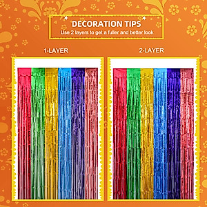 Mega-L Fiesta Party Decorations Foil Fringe Curtains,2 Pack Mexican 3.3x6.6ft Tinsel Streamers for Dia De Los Muertos Day of The Dead Decorations Backdrop,Cinco de Mayo Taco Party Photo Booth Props