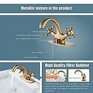 Aolemi Bathroom Sink Faucet Antique Brass Single Hole Cold and Hot Double Handle Cross Knobs Vanity Vessel Sink Basin Mixer Tap with Pop Up Drain with Overflow and Deck Cover Plate