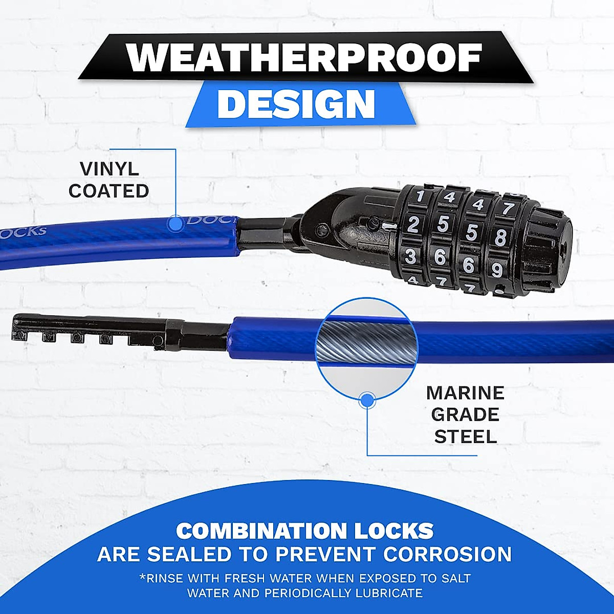 DocksLocks Weatherproof Straight Security Cable Lock (5ft to 25ft Lengths) with Resettable Combination, Anti-Theft Protection for Kayak, Bike, Paddleboard, Scooter, Equipment, Bicycles and More 10ft