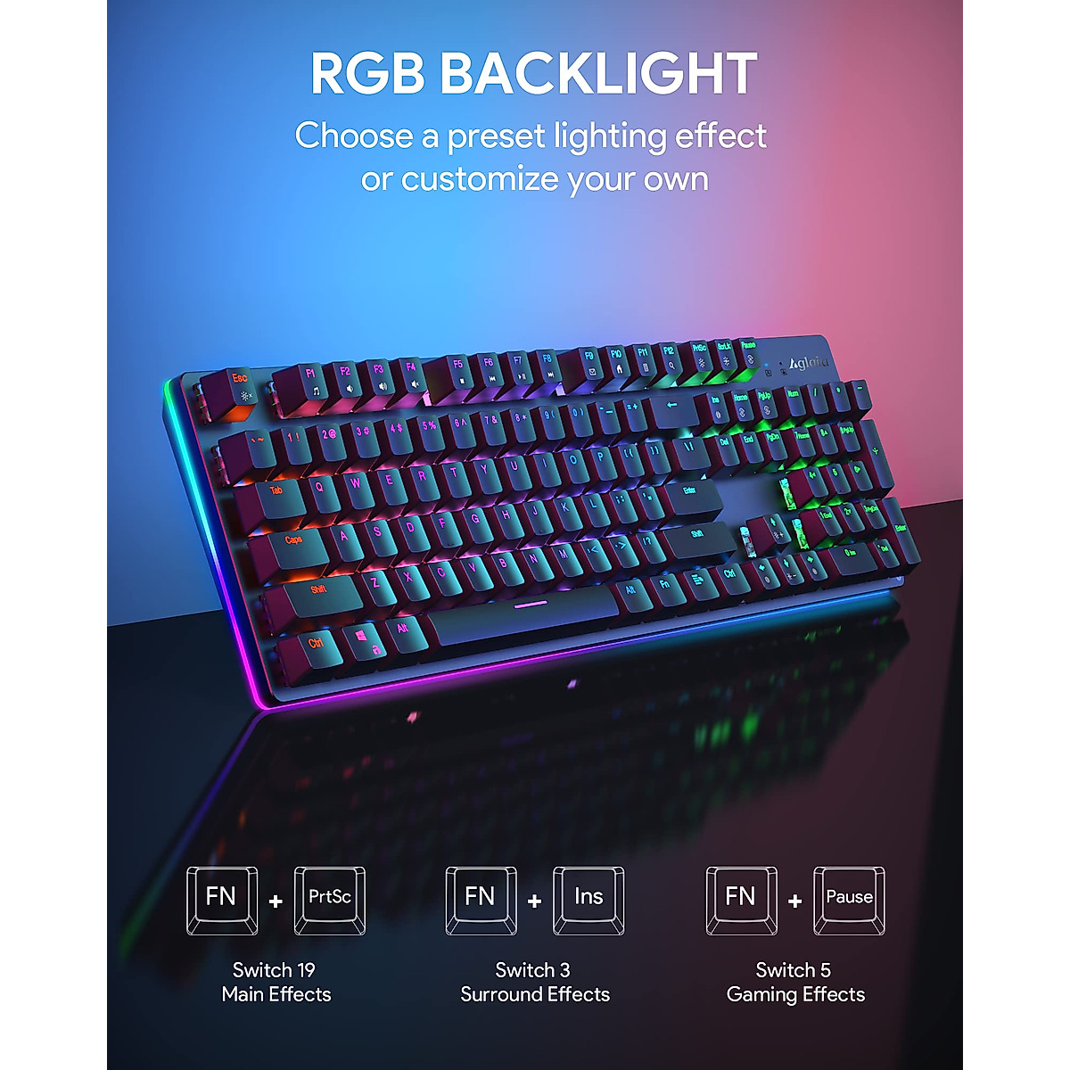 Aglaia Mechanical Gaming Keyboard, RGB Backlit 104 Keys Wired Keyboard Blue Switches, 12 Lighting Effects, Customizable Keys, Programmable Macro, Durable & Ergonomic for Windows Mac Computer Desktop