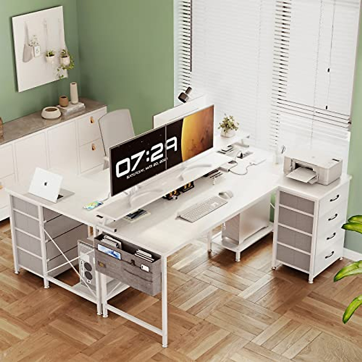 KKL 63 inch L Shaped Computer Desk with USB Charging Port & Power Outlet, L-Shaped Corner Desk with 4 Tier Drawer & Monitor Shelf for Home Office Workstation, Modern Style Writing Table, White