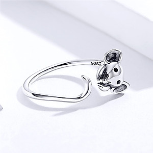 Qings Cute Mouse Ring 925 Sterling Silver Cubic Zirconia Open Ring, Adjustable Animal Wrap Ring Jewelry Gift for Women