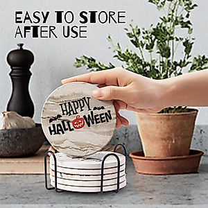 6pcs Halloween Cup Drinks Coasters with Holder,Round Absorbent Ceramic Coaster Set,Funny Drink Coasters with Cork Base for Tabletop Protection,Ideal Gift for Halloween,Housewarming,Birthday