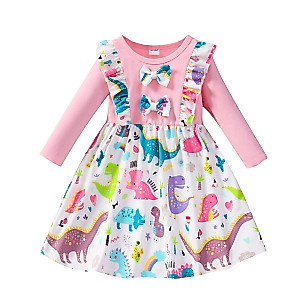 RETSUGO Baby Girl Dinosaurs Casual Splicing Ruffles Bowknot Dresses for Toddler Girls Long Sleeve Party Winter Outfits dinosaurs-1207-3T